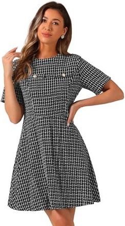 Allegra K Robe en Tweed pour Femmes Robe à Carreaux à Manches Courtes avec Fermeture Éclair et Bouton Mini Robe Trapèze Noir et Blanc XL