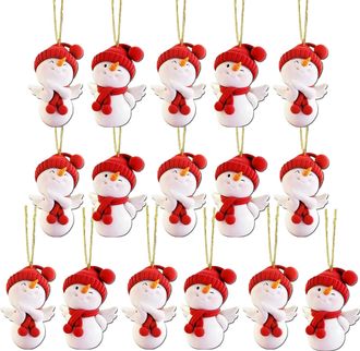 Generic Snowman Ornaments - 2D Wooden Figurines, 16-Piece Snowman Decorations | Red and White Wooden Ornaments with Smiling Faces | Christmas Tree Pendants fo