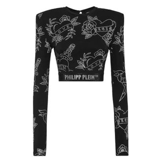 Philipp Plein Femme, Tops, Noir, Taille: 36 FR Shoulder Pads Cropped Top LS Love