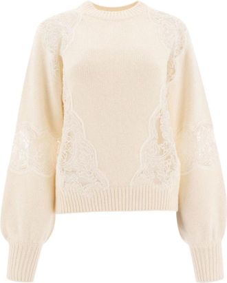 Elie Saab Femme, Pulls, Beige, Taille: 38 FR Pull en maille avec d&eacute;tails en dentelle