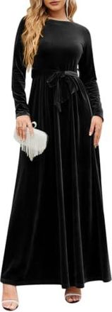 Minetom Femme Automne Hiver Longue Robe Velours Elegant Col Rond Couleur Unie Manches Longues A-Line Robe Soir&eacute;e F&ecirc;te Cocktail Maxi Robes A Noir XXL