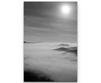 Paul Sinus Art Leinwandbilder | Bilder Leinwand 90x60cm Berge im Nebel bei Vollmond
