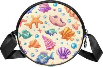 Generic Circle Sac &agrave; bandouli&egrave;re pour femme, petit sac &agrave; bandouli&egrave;re color&eacute; Seahell avec fermeture &eacute;clair, bretelles r&eacute;glables, sac &agrave; main rond d&eacute;contract&eacute; po