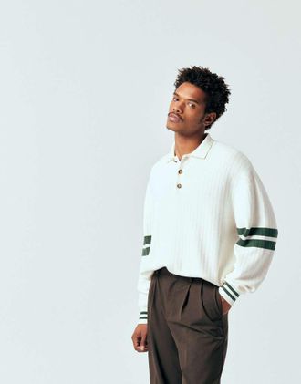 Tommy Jeans Polo manches longues en maille style ann&eacute;es 90- Cr&egrave;me-Blanc