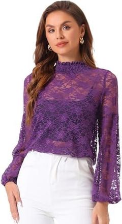 Allegra K Chemisier Femme en Dentelle Floral Col Montant Chemise Manche Longues Semi-Transparent Haut Chic et élégant Violet S