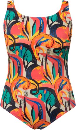 Ulla Popken Damen große Größen Übergrößen Plus Size Badeanzug, Dschungel, ohne Softcups, Rundhals Hellorange 54+ 827179666-54+