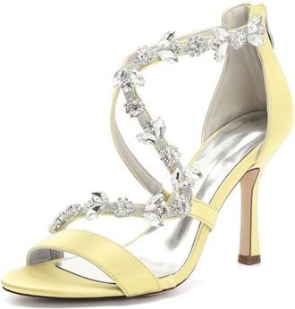 Generic Chaussures De Mari&eacute;e Femmes Aiguille Talon Heel Ouvert Bout Dress Satin&eacute;e Hauts Sandales Mariage Chaussures 9.5 CM,Jaune,43 EU