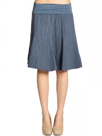 CASPAR Fashion Damen Midi Sommer Leinenrock Knielang Sommerrock mit Stretch Bund - RO014, Farbe:Jeansblau, Mode Gr&ouml;&szlig;e:XS-S