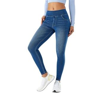 Generic Jean moulant extensible taille haute pour femme - Pantalon de yoga - Contr&ocirc;le du ventre - Legging avec poches, bleu moyen, XS