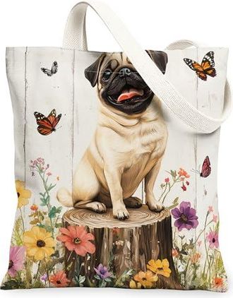 Generic Sac fourre-tout en toile de 33 x 38 cm, motif chien carlin printanier, sac d&eacute;picerie r&eacute;utilisable pour femme, motif animal de compagnie, d&eacute;coration ca