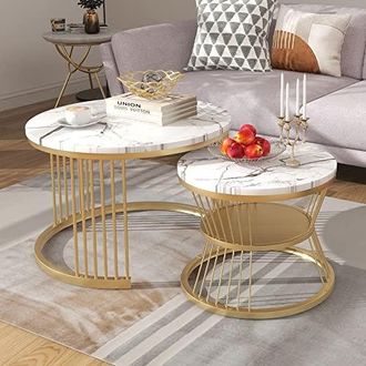 Merax Lot de 2 tables basses rondes - Table dappoint moderne avec structure en marbre brillant - Pour salon, salle de réception, balcon et bureau - Structur
