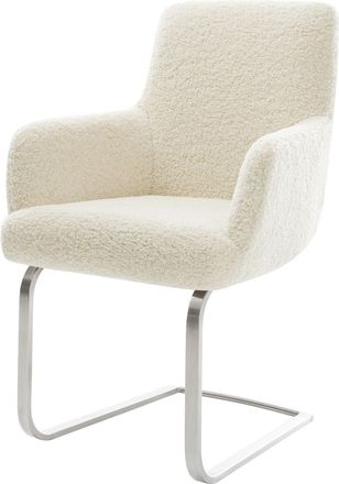 DELIFE Schwingstuhl Heira-Flex mit Armlehnen Freischwinger flach Edelstahl Teddystoff Beige Taschenfederkern