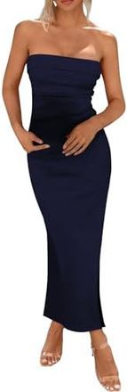 Generic Robes pour femmes, tunique dété 2024, sans bretelles, fente latérale, prétendant être une épaule ajustée, jupe dété mi-longue pour femmes, bleu marine