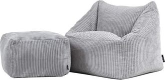 Icon Brand Natalia Sitzsack Kinder mit Hocker, Grau, Flauschiger Cord Stoff, Sitzsack Cord mit Füllung, Bequemer Kinder Sessel, Kuschelsessel, Lese Sessel, Schla