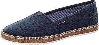 Rieker Chaussures plates M2278 pour femmes, espadrilles, slip-ons, chaussures &agrave; enfiler, tress&eacute;es, aspect raphia, mocassins, bleus (14), 37 EU/ 4 UK