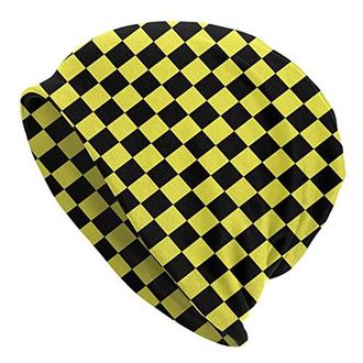Generic Lsjuee Noir Jaune Course Drapeau À Carreaux Bonnet Chapeaux pour Hommes Femmes Mince Slouchy Crâne Cap Stretch Bonnet en Tricot