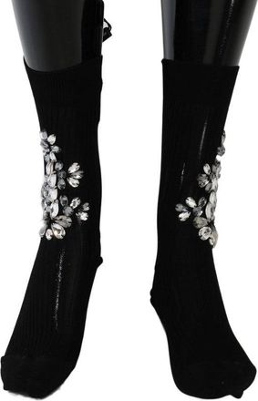 Dolce & Gabbana Womens Black Knitted Floral Clear Crystal Socks Cotton Clothing