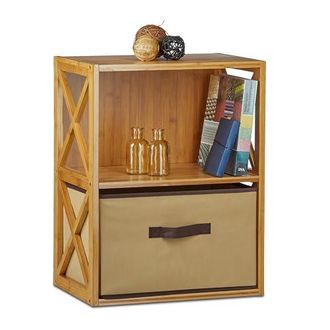 Relaxdays Etagère en bambou 2 niveaux avec panier de rangement bois nature HxlxP: 54 x 42 x 29 cm, nature