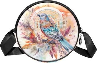 Generic Petit sac &agrave; bandouli&egrave;re circulaire pour femme, motif feuilles doiseaux aquarelle, petit sac &agrave; dos &agrave; bandouli&egrave;re avec fermeture &eacute;clair, bretelles r&eacute;gla