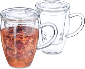 Relaxdays Teeglas, 2er Set, mit Siebeinsatz, Deckel & Henkel, Volumen 450 ml, Borosilikatglas, Teetasse, transparent