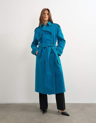 Topshop trench-coat oversize long en daim synth&eacute;tique bleu
