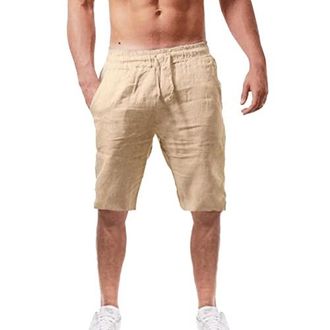 Generic Short en lin pour homme - Short ample en coton et lin avec cordon de serrage 3/4 - Taille &eacute;lastique - Short d&eacute;t&eacute; d&eacute;contract&eacute; avec poche pour la plage,