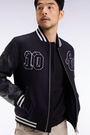 Eden Park Blouson Teddy Bimati&egrave;re Manches Cuir Marine
