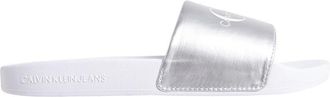 Calvin Klein Jeans Damen Badeschuhe Slide Badelatschen, Weiß (Bright White/Silver), 37