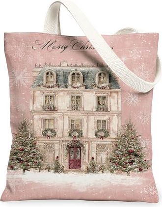 Generic Sacs fourre-tout en toile vintage de No&euml;l, motif de construction, sacs d&eacute;picerie r&eacute;utilisables, l&eacute;gers et lavables avec bandouli&egrave;re, p&ecirc;che, 13x15 Inch