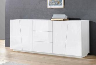 Dmora Kommode Sven, Küchen-Sideboard mit 4 Türen und 3 Schubladen, Wohnzimmer-Buffet, 100 % Made in Italy, 220 x 43 x 86 cm, glänzendes Weiß