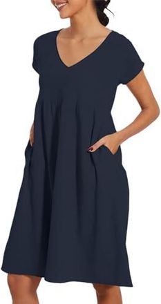 Generic Oyuchga Robe d&eacute;t&eacute; pour femme - Grandes tailles - En lin et coton - &Eacute;l&eacute;gante couleur unie - Manches courtes - D&eacute;contract&eacute;e - Col en V - Col rond - Robe