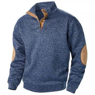 Generic Pull en tricot torsad&eacute; &agrave; col montant pour homme, pull &agrave; col montant 1/4 de bouton, sweat-shirt jacquard tricot&eacute; avec patch au coude, bleu marine, 3XL