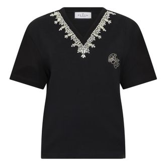 Philipp Plein Femme, Tops, Noir, Taille: 40 FR Man Fit V-Neck T-Shirt Crystals