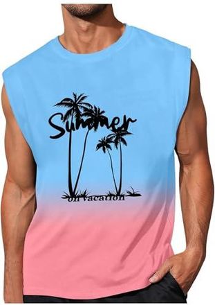 Generic D&eacute;bardeur d&eacute;t&eacute; pour homme avec palmier hawa&iuml;en 2025 - Chemises de muscles tropicaux sans manches - Basiques - D&eacute;bardeurs athl&eacute;tiques amples - D&eacute;bardeu
