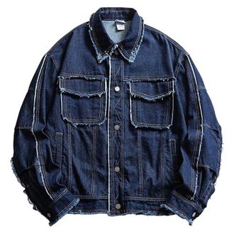 Generic Veste en jean patchwork oversize pour homme, style vintage tendance, l&eacute;g&egrave;re et d&eacute;contract&eacute;e, id&eacute;ale pour le printemps et lautomne, bleue, taille XL