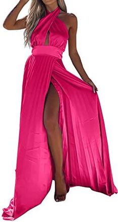 Generic Robe boh&egrave;me 2026 pour femme, robe longue sans manches, &eacute;paules d&eacute;nud&eacute;es, couleur unie et imprim&eacute;e, ourlet fendu avec cordon de serrage, rose vif, XL