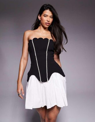 Asos Robe courte &agrave; ourlet festonn&eacute; avec ornements perles et jupe en popeline de coton - Noir et blanc-Multicolore