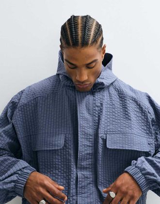 Cernucci Karierte Windjacke aus Nylon in Blau mit Kapuze
