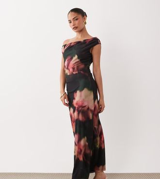 Forever New asymmetrisches Mesh-Midikleid mit Blumenmuster in dunklem Rostholz-Multi