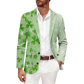 Generic Blazer en velours côtelé pour homme - Veste formelle pour la Saint-Patrick avec motif trèfle porte-bonheur - Simple boutonnage - Manches longues - Cou