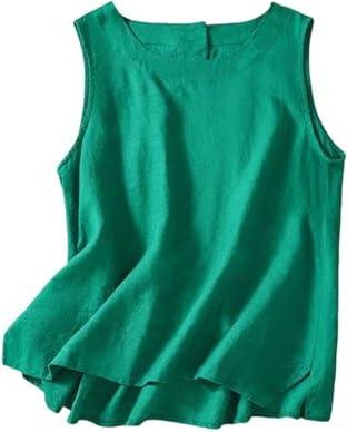 Generic Hauts d&eacute;t&eacute; 2026 en lin pour femmes, col rond, sans manches, en coton et lin, coupe ample, coupe d&eacute;contract&eacute;e, chemisiers de travail, Vert, XXL