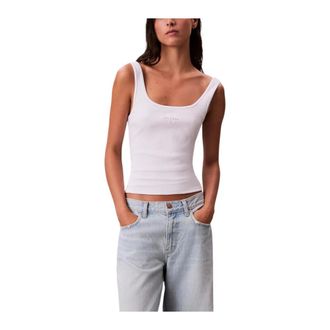 Calvin Klein Jeans Femme, Tops, Blanc, Taille: 42 FR D&eacute;bardeur Sans Manches &agrave; Col Rond