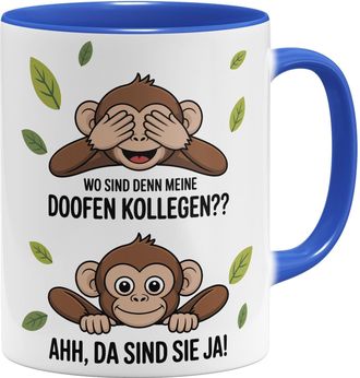 OM3 Lustige Arbeitskollegen Kaffee-Tasse mit Spruch - B&uuml;rotasse Doofe Kollegen Affen - Keramik Becher - 325ml - Beidseitig Bedruckt - Blau
