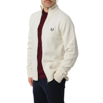 Fred Perry Homme, Pulls, Blanc, Taille: M Cardigan Côtelé Mélange de Laine Blanc