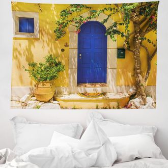 Abakuhaus Gelb und Blau Wandteppich, Greek House aus Weiches Mikrofaser Stoff Waschbar ohne Verblassen Digitaldruck, 150 x 110 cm,Blau Gelb