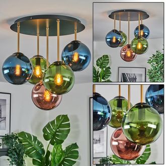 HOFSTEIN Deckenleuchte Gastor, 5-flammige Deckenlampe aus Metall/Glas in Schwarz/Messing/Blau/Gr&uuml;n/Kupfer, Leuchte im Retro/Vintage-Design (Schirme &Oslash; 15 cm), E