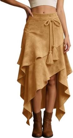 Generic Jupe en daim asym&eacute;trique pour femme - Style western boh&egrave;me - Taille haute - Vintage - Jupe de cowboy - Jupe trap&egrave;ze, kaki, XXL