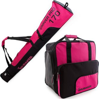 Brubaker Kombi Set Carver PRO - Limited Edition - Skisack und Skischuhtasche für 1 Paar Ski bis 170 cm + Stöcke + Schuhe + Helm Pink Schwarz