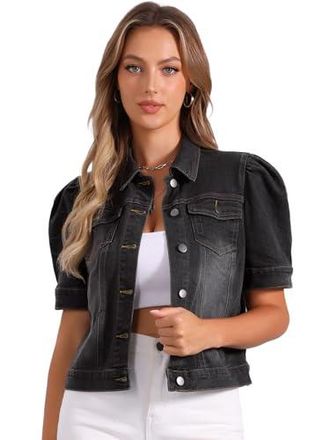 Allegra K Veste en Jean Femme Boutonnage Blouson en Denim D&eacute;contract&eacute;e Manches Courtes Bouffantes avec Poches &agrave; Rebats Noir XL