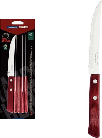Tramontina Steakmesser, Pizzamesser, Set 6-teilig, 6 Steakmessern aus Edelstahl, Holzgriff rot FSC
